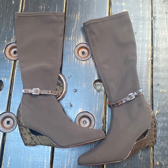 Donald J. Pliner | Shoes | Djp Mid Calf Heeled Boots With Crock Leather ...